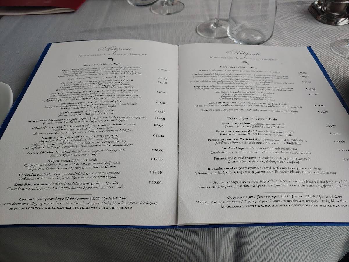 Menu at Bagni Delfino restaurant, Sorrento