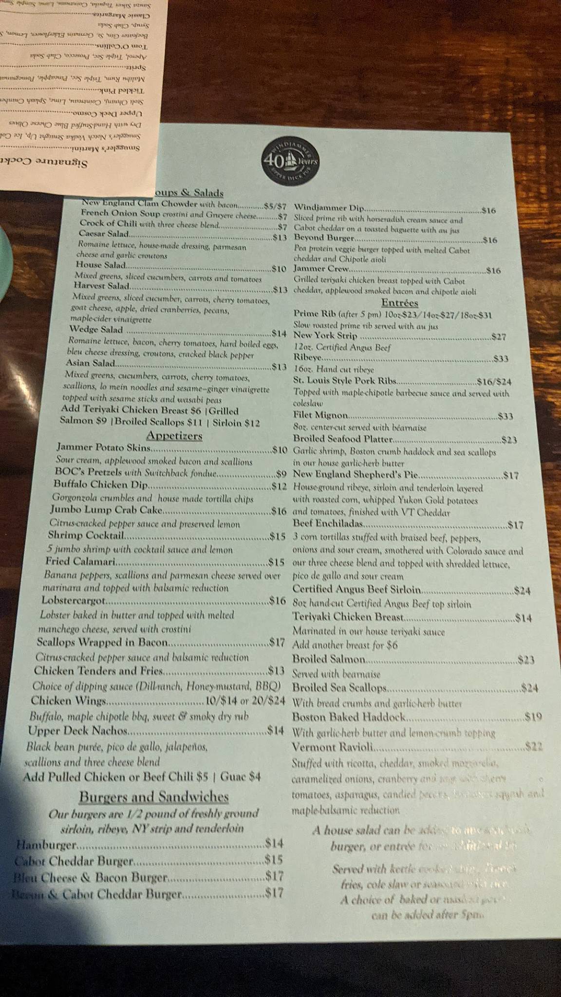 Menu at Windjammer Restaurant & Upper Deck Pub, South Burlington