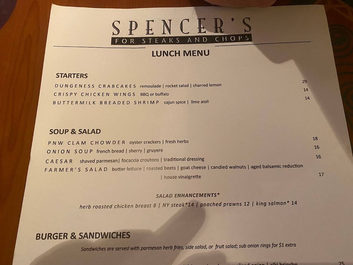 Menu at Spencer's for Steaks and Chops steakhouse, Seattle