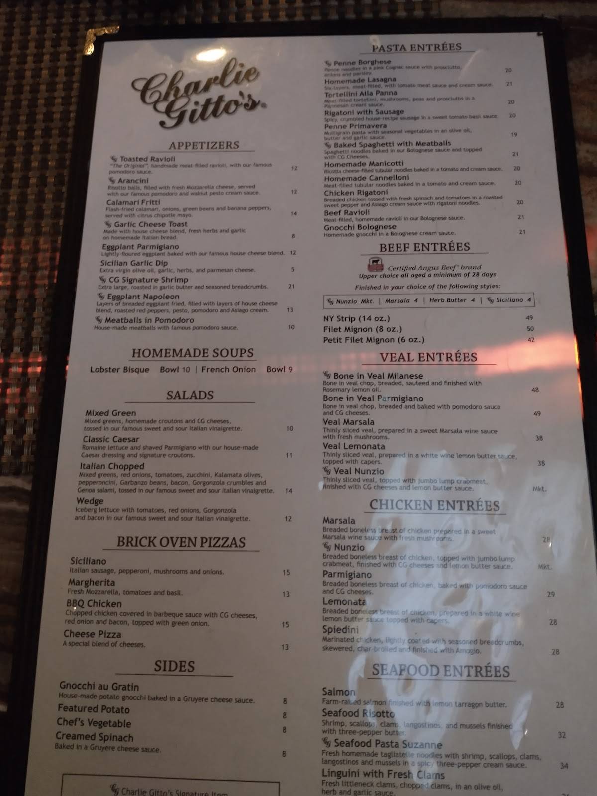 Menu at Charlie Gitto's On the Hill restaurant, St. Louis, Shaw Ave