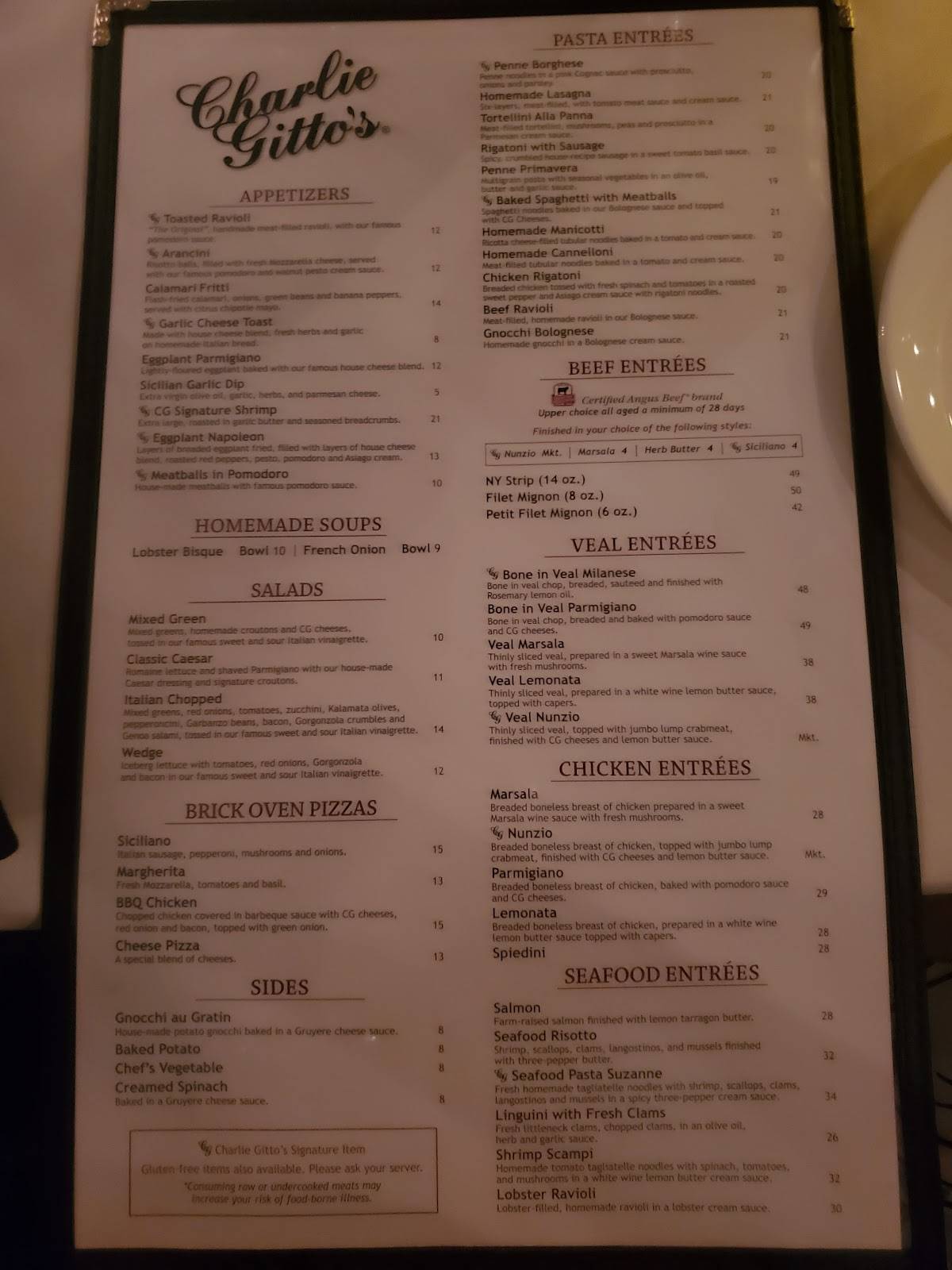 Menu at Charlie Gitto's On the Hill restaurant, St. Louis, Shaw Ave