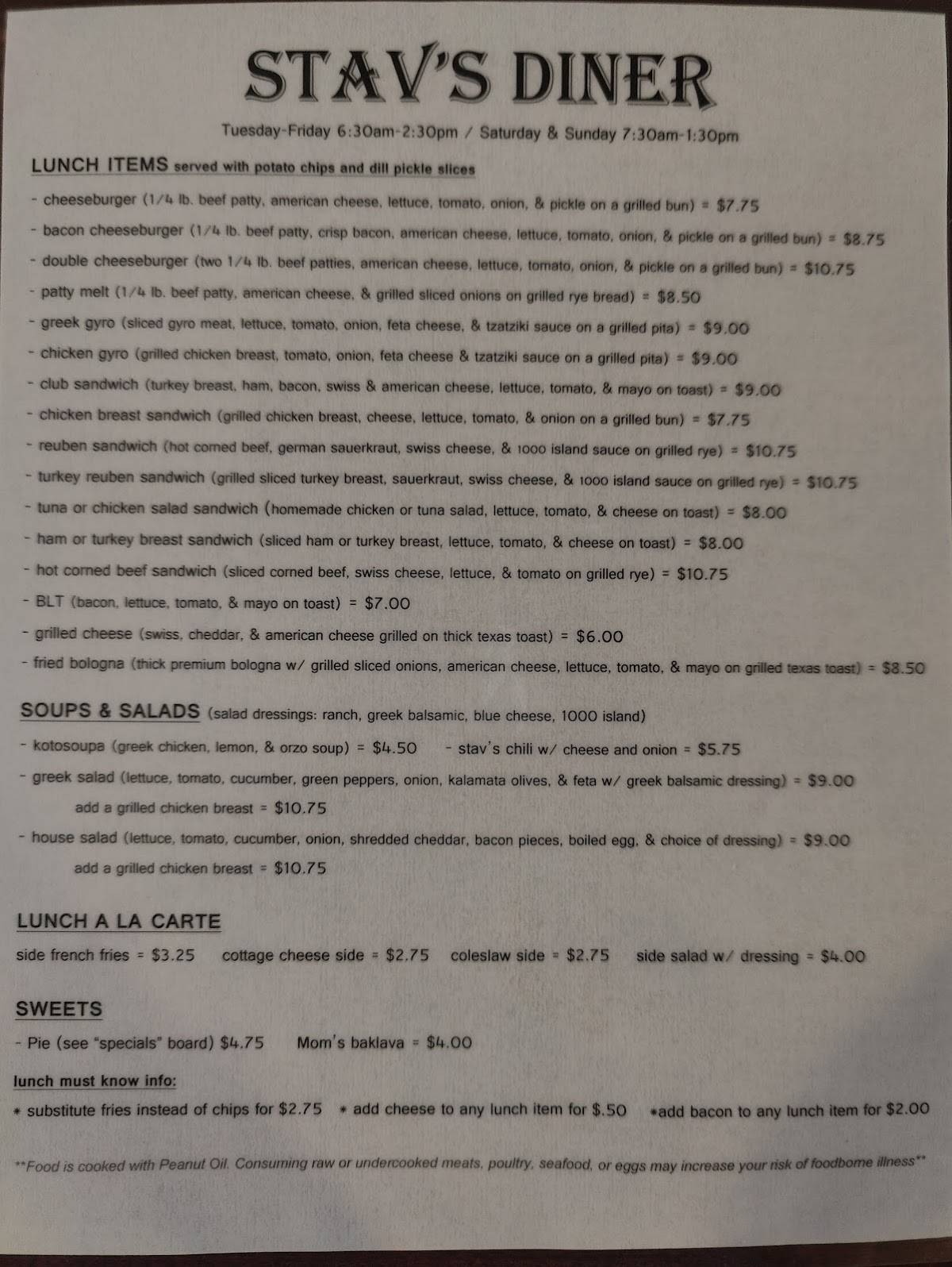 Menu at Stav's Diner cafe, Columbus