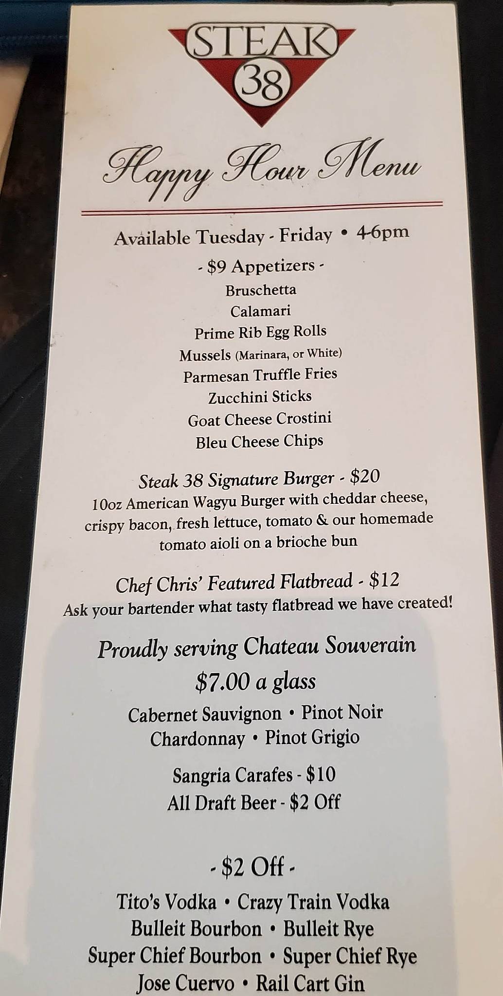 Menu at Steak 38 Tabernacle pub & bar, Tabernacle