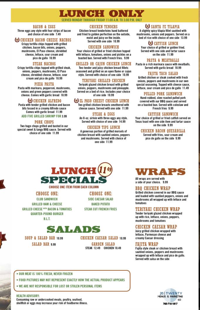 Menu at Black Stallion Steakhouse, Columbia