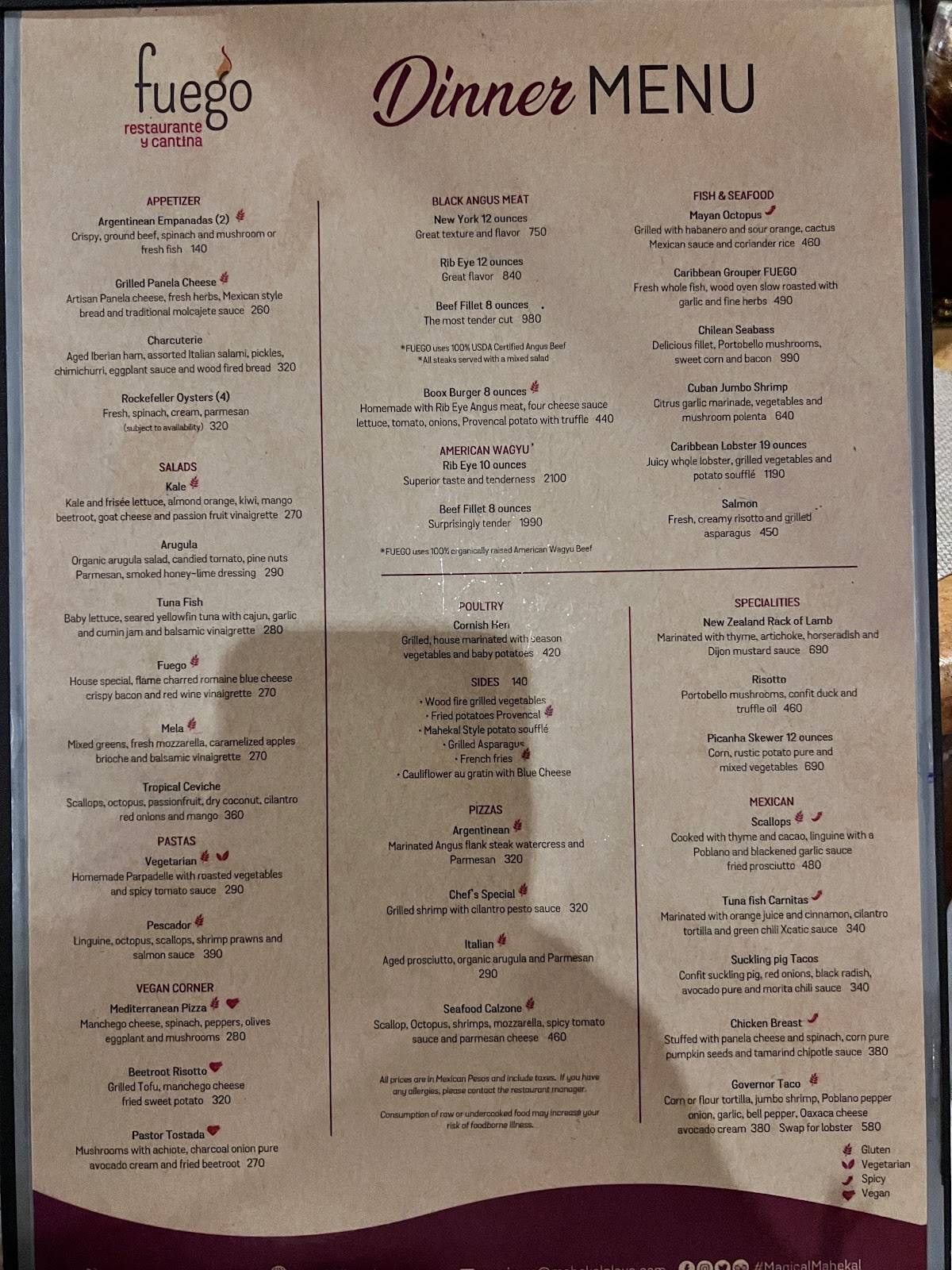 Menu at Fuego Restaurante y Cantina, Playa del Carmen