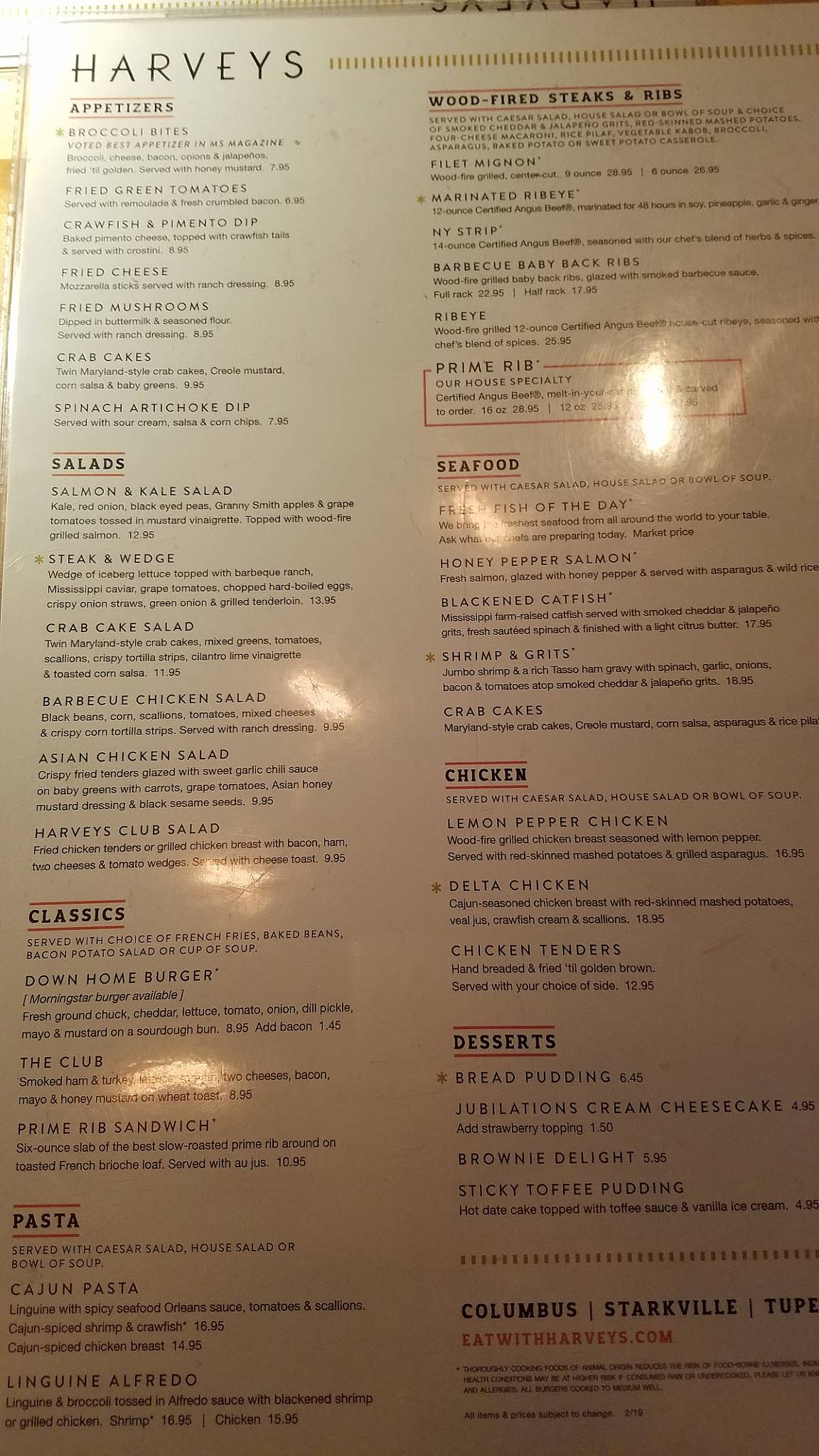 Menu at Harveys steakhouse, Tupelo