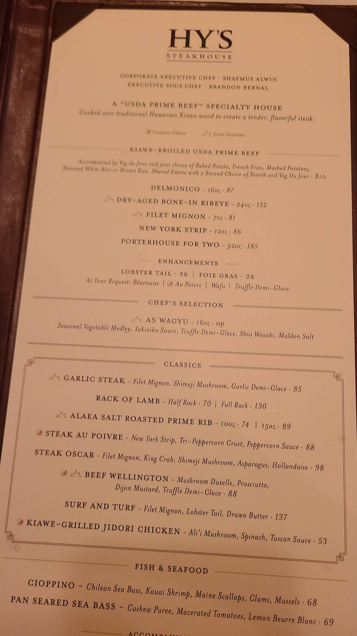 Menu at Hy's Steak House steakhouse, Honolulu