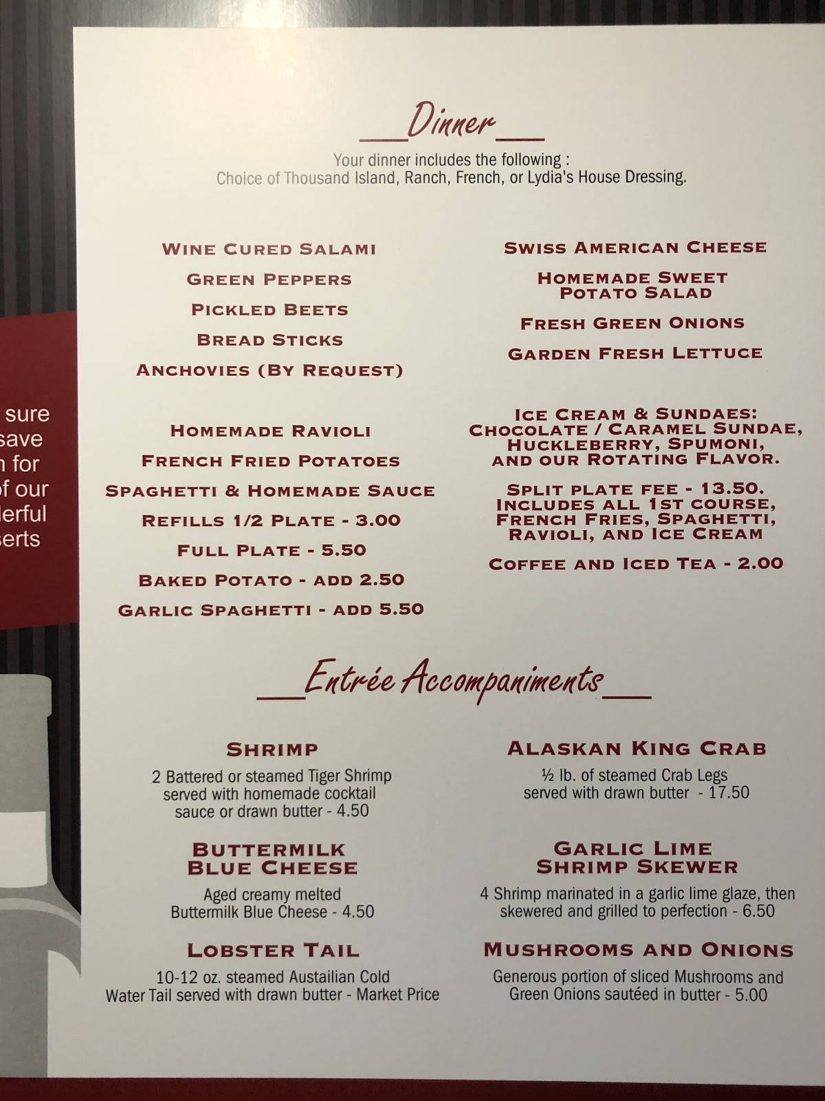 Menu at Lydia's Supper Club, Butte