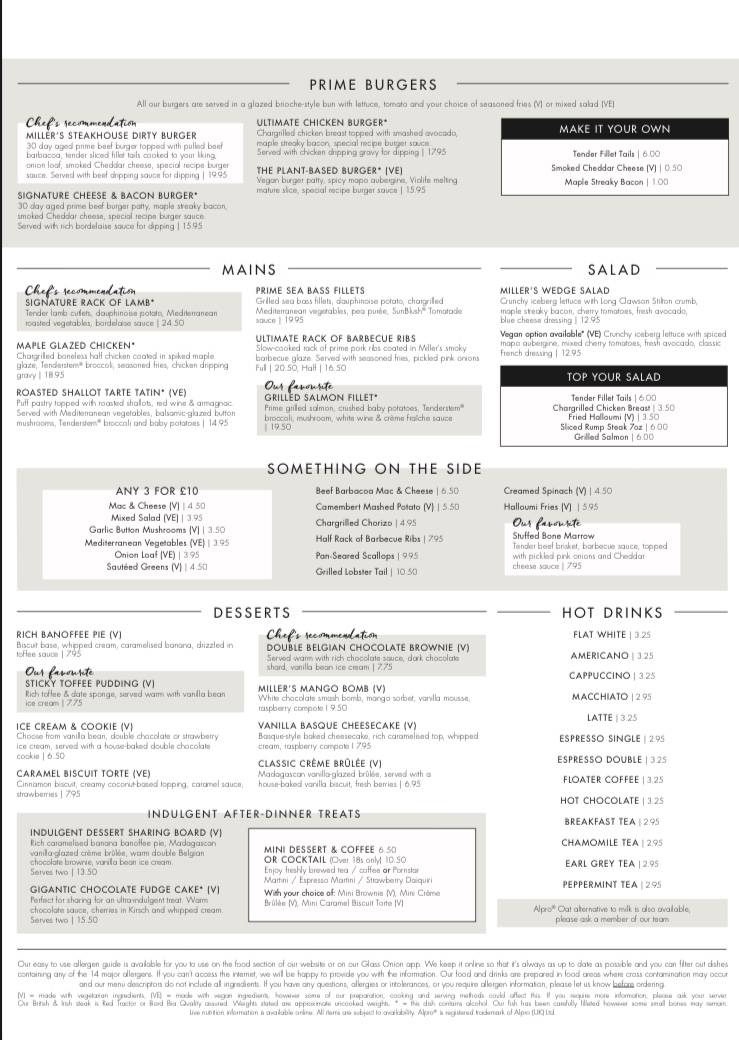 Carta de parrilla Miller & Carter Sheffield Centertainment, Sheffield