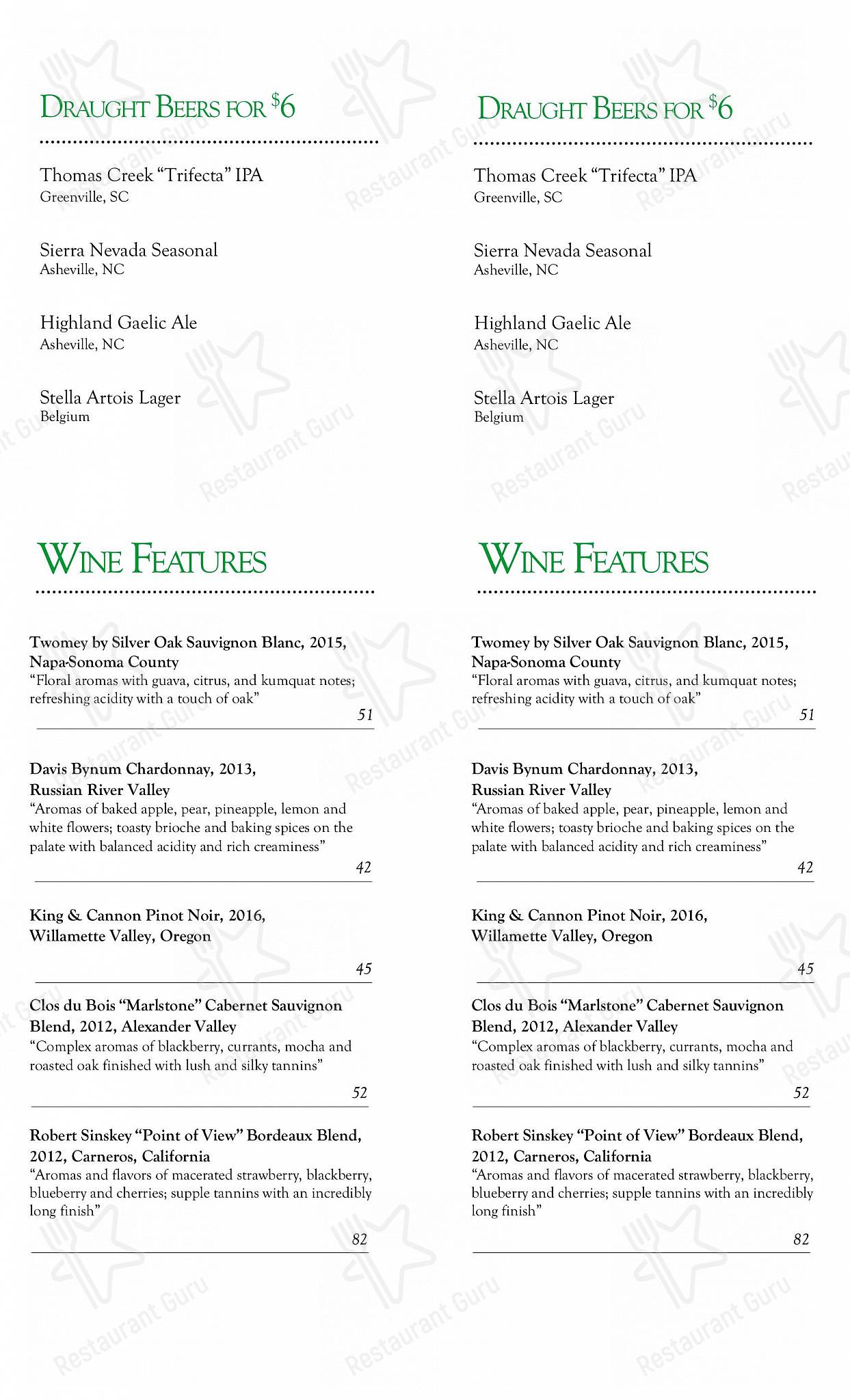 Menu at Rick Erwin's Eastside steakhouse, Greer