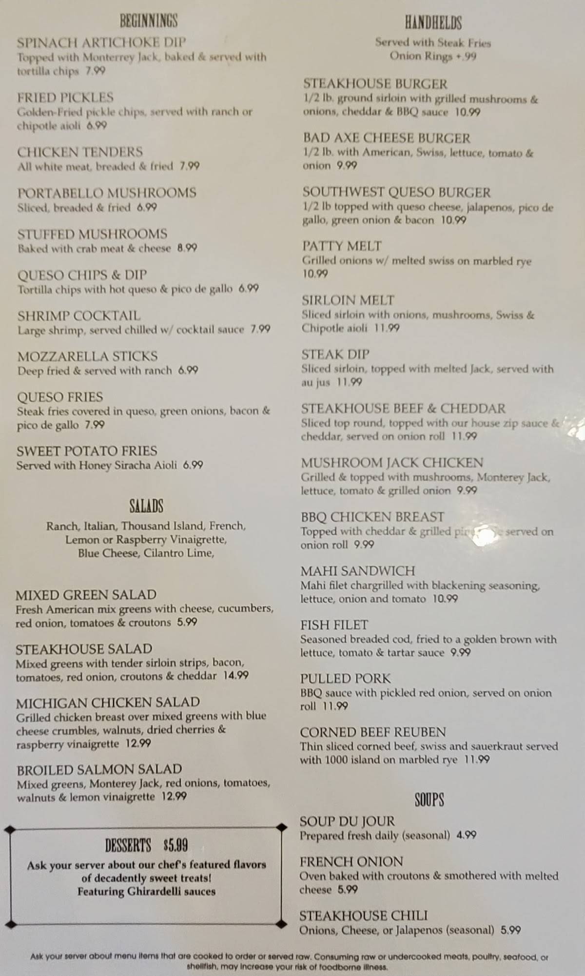 Menu at Steakhouse, Bad Axe