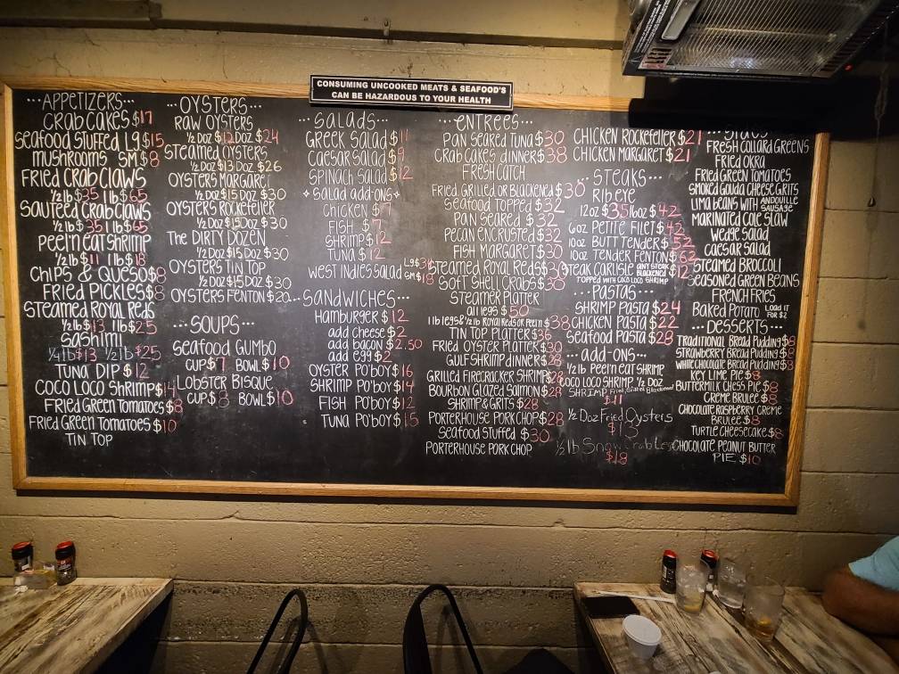 Menu at The Tin Top Restaurant & Oyster Bar, Bon Secour