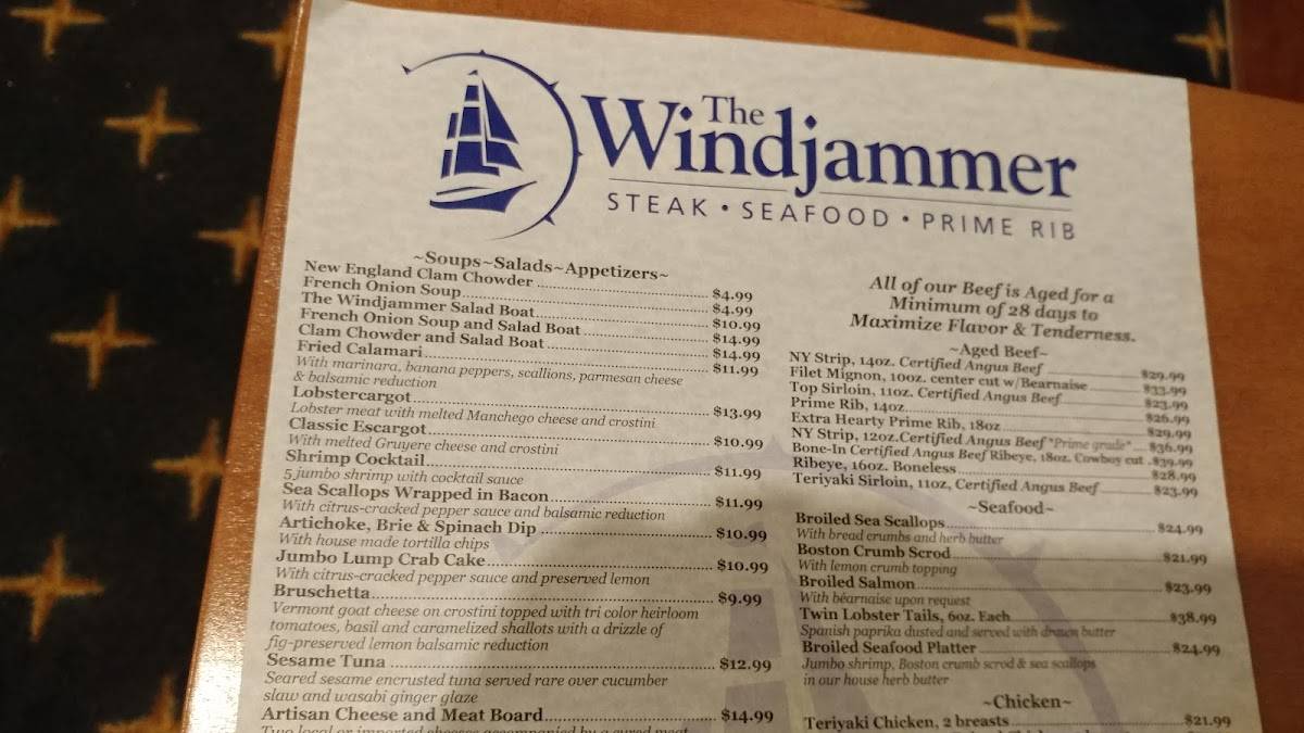 Menu at Windjammer Restaurant & Upper Deck Pub, South Burlington