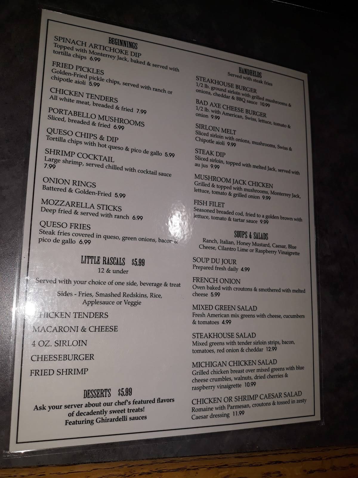 Menu at Steakhouse, Bad Axe