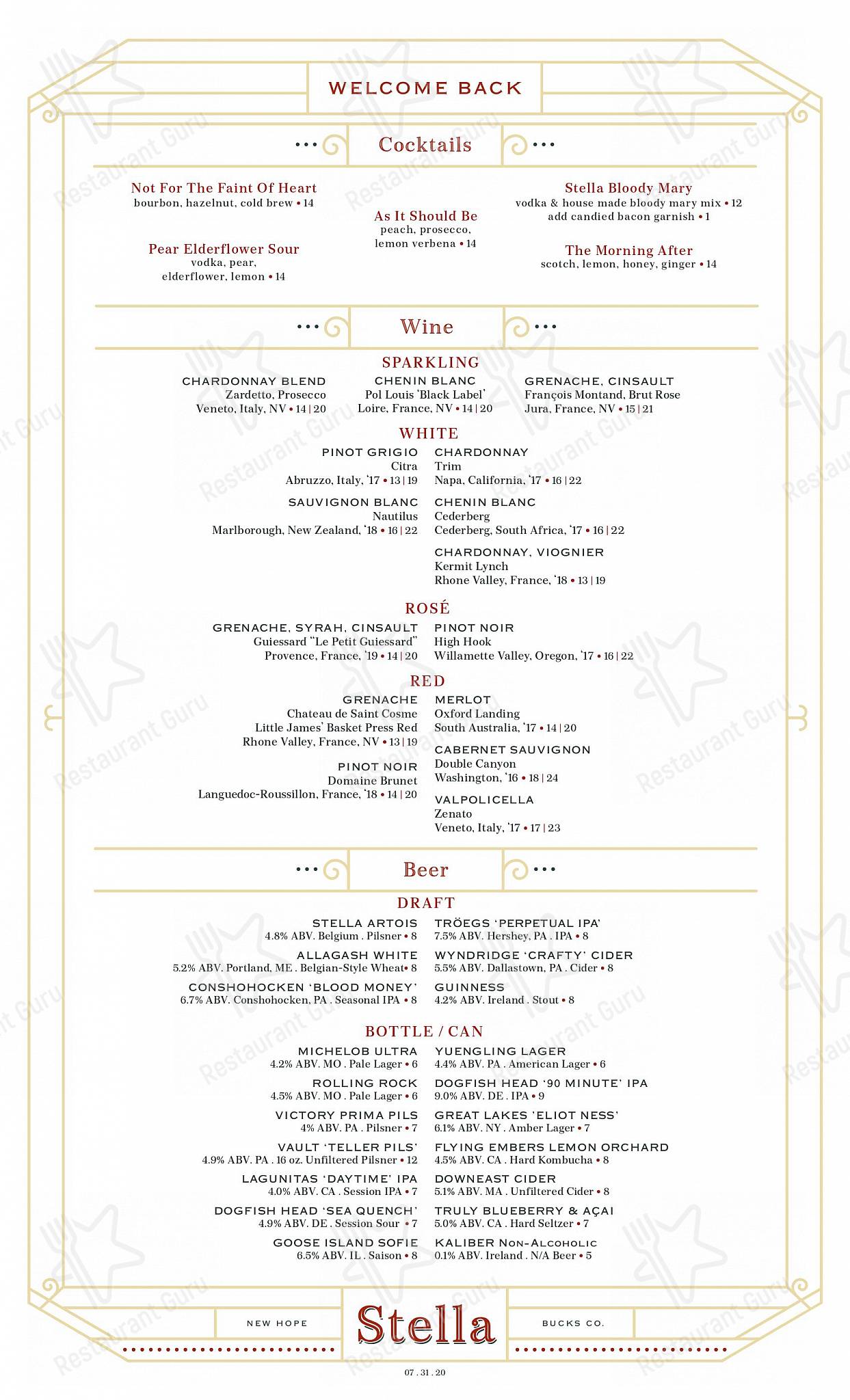 Menu at Stella of New Hope pub & bar, New Hope