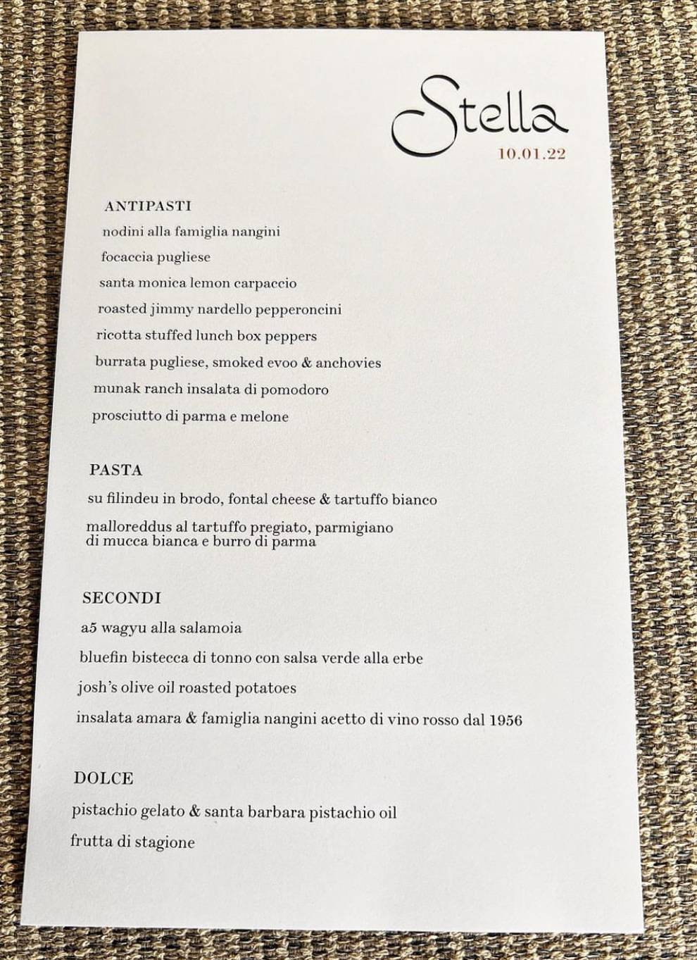 Menu at Stella West Hollywood restaurant, West Hollywood
