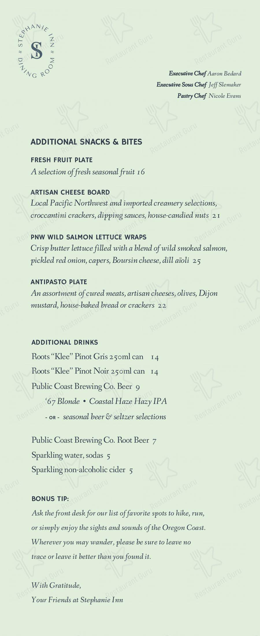Menu at Stephanie Inn & Dining Room restaurant, Cannon Beach