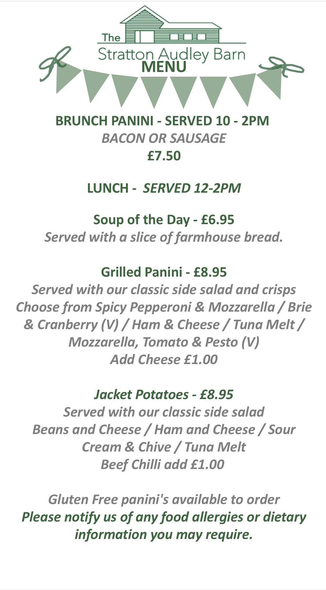 Menu at Stratton Audley Barn, Bicester