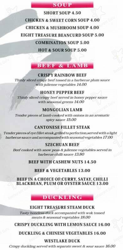 Menu at Sun Luk restaurant, Malvern East
