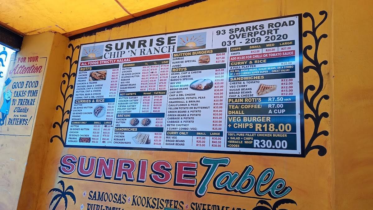Menu at Sunrise Chip N Ranch, Overport, Durban restaurant, Durban, 93 ...