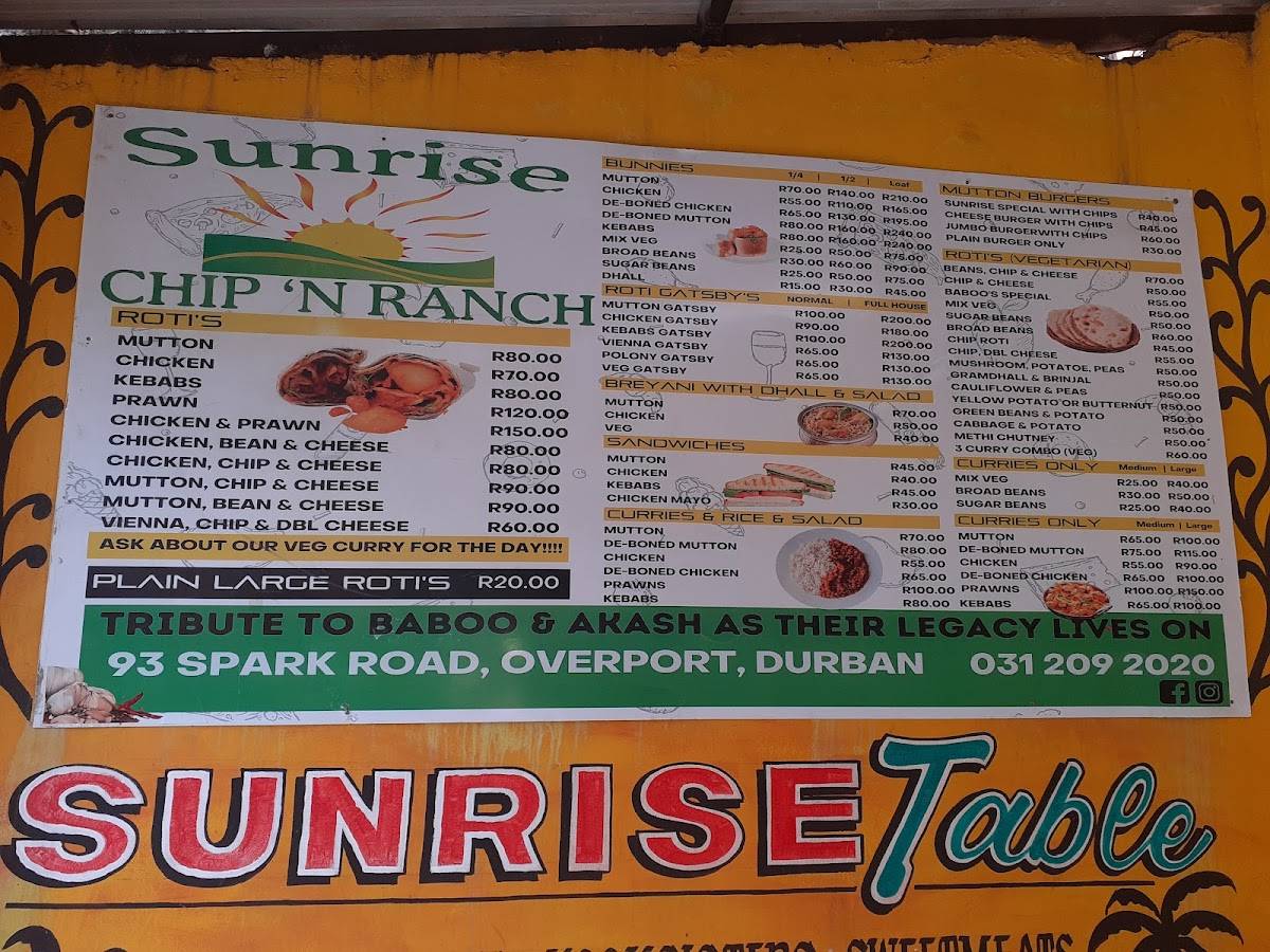 Menu at Sunrise Chip N Ranch, Overport, Durban restaurant, Durban, 93 ...