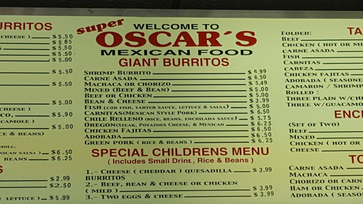 Menu at Super Oscar's Mexican Food restaurant, Newport
