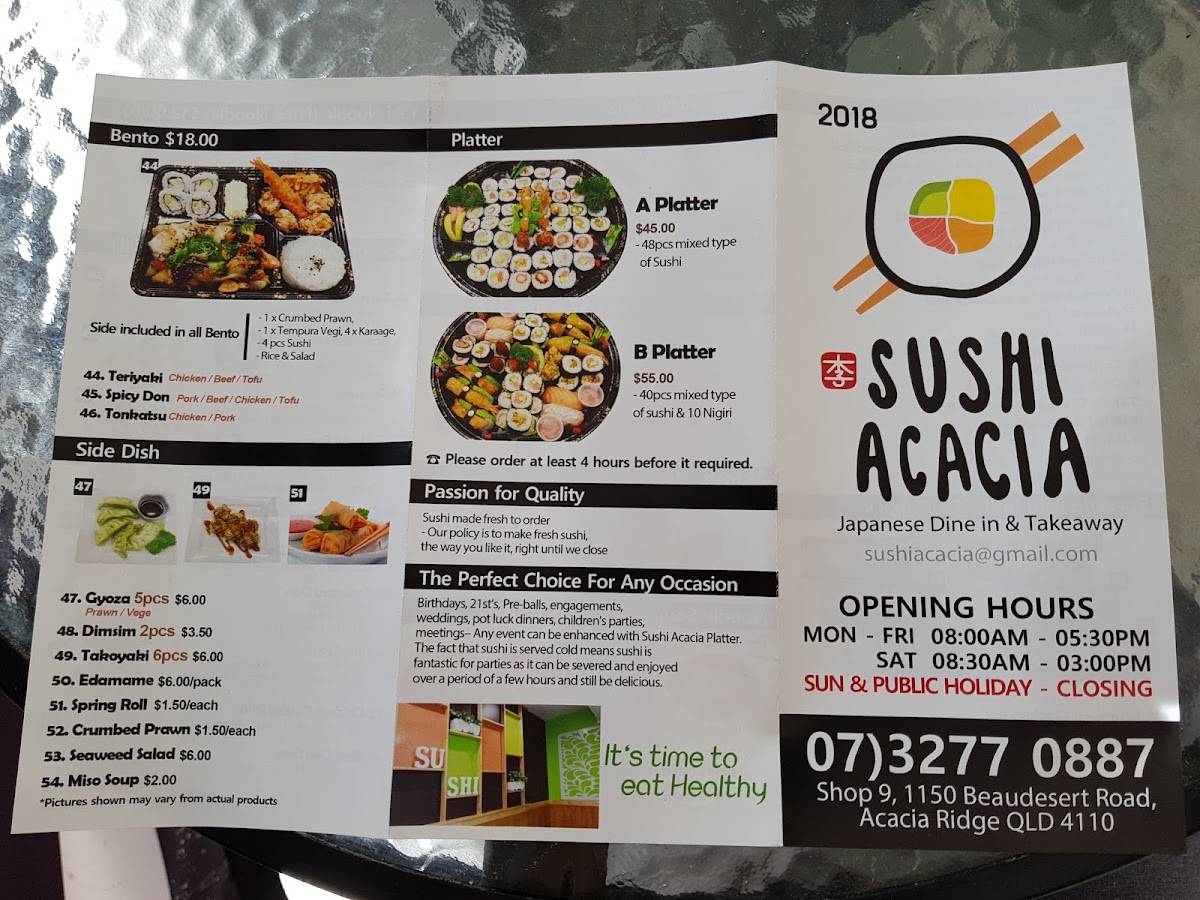 Menu at Sushi Acacia restaurant, Acacia Ridge