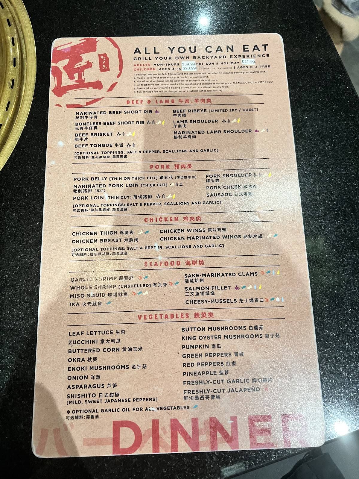 Menu at TAKUMI Japanese BBQ, Mississauga