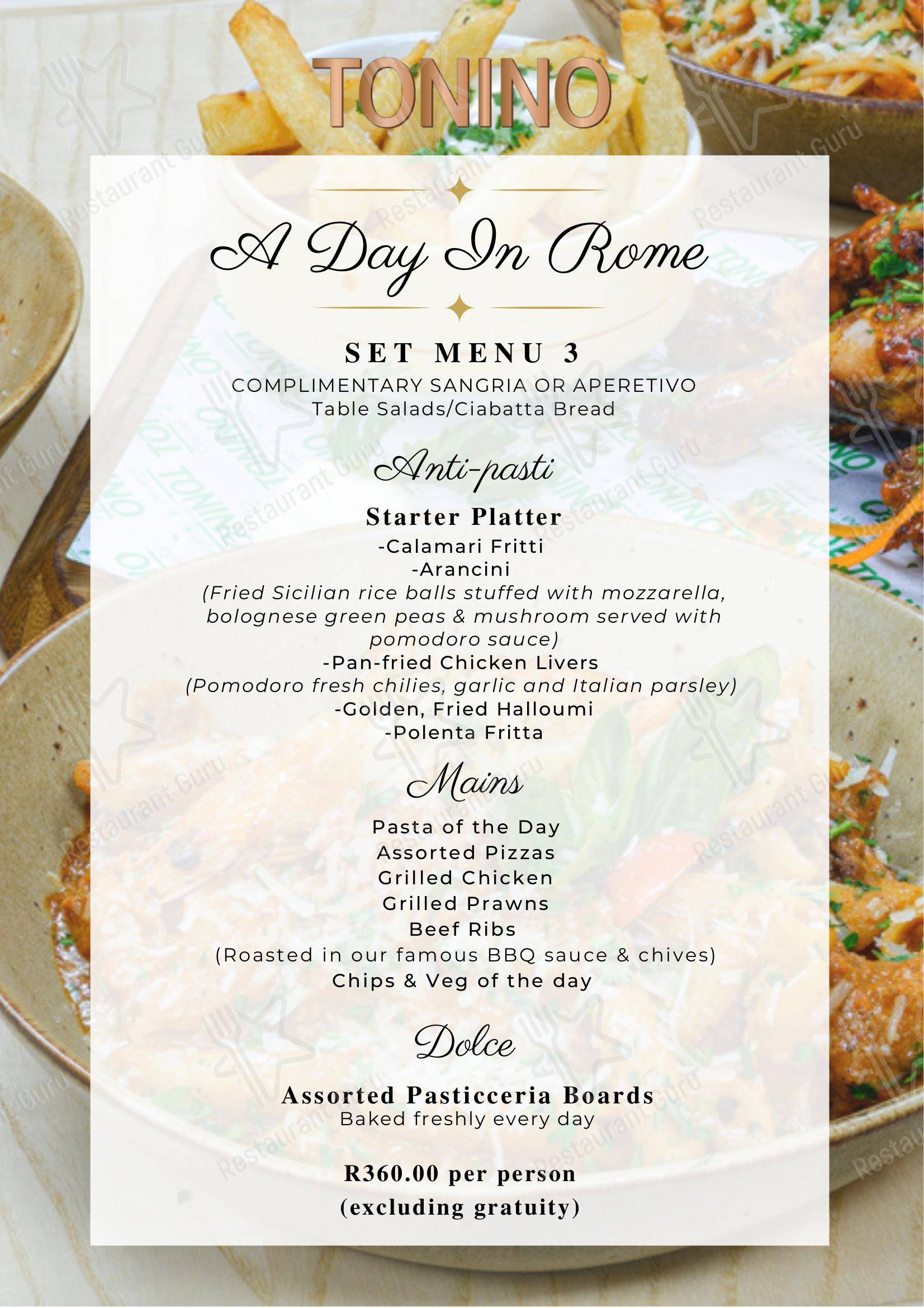 Menu at TONINO CUCINA & GRIGLIA restaurant, Benoni