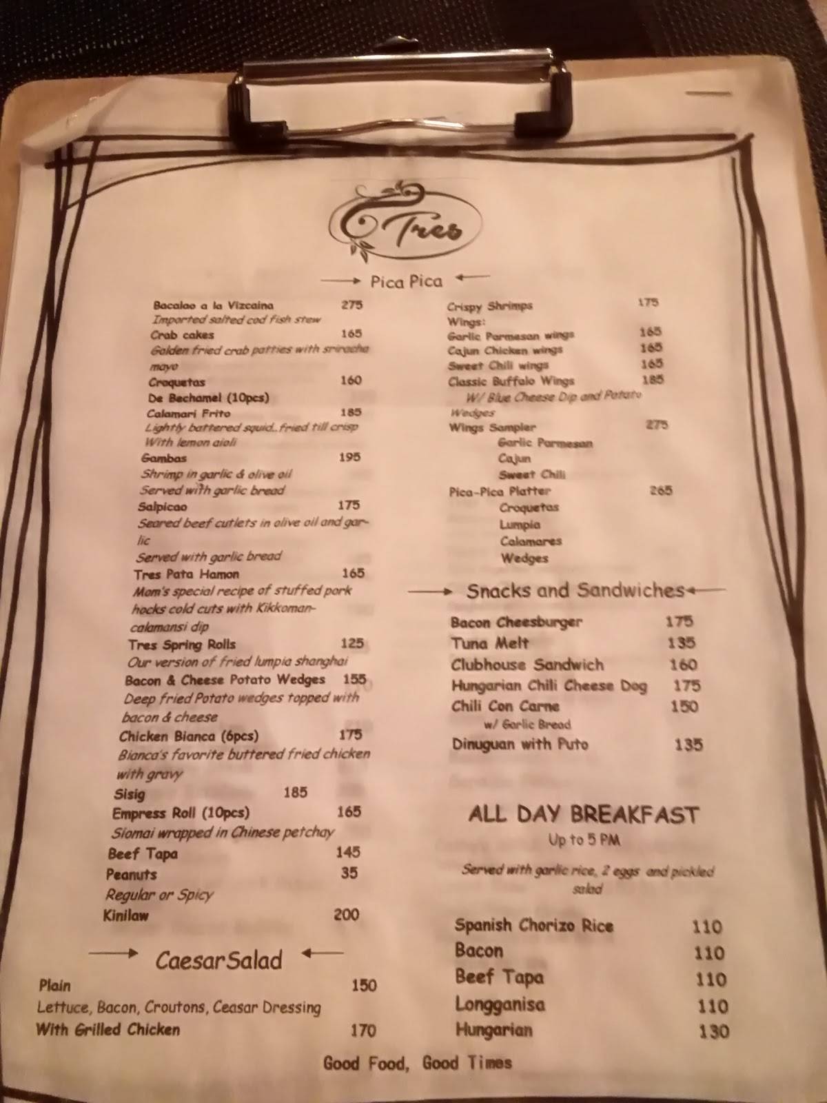 Menu at TRES Kitchen + Bar, Dumaguete