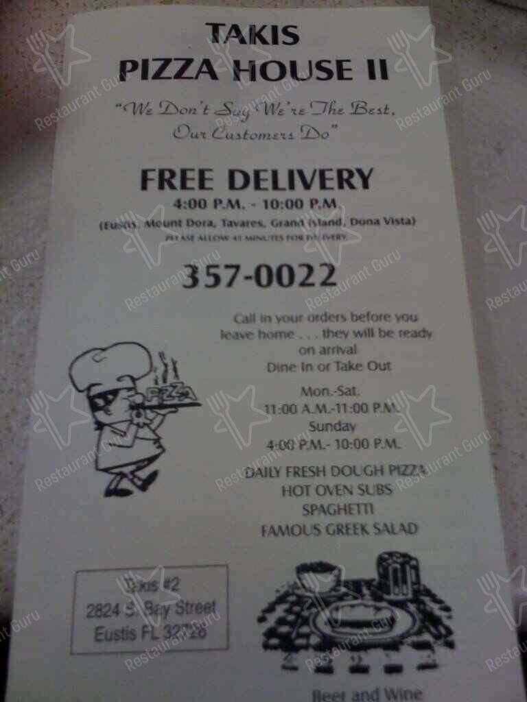 Menu at Takis Pizza House II pizzeria, Eustis, S Bay St