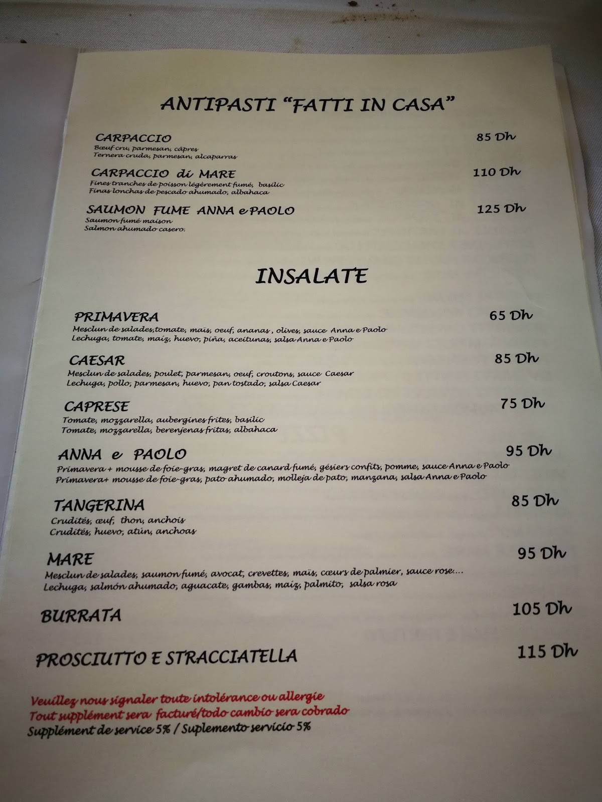 Carta del restaurante Anna e Paolo, Tánger