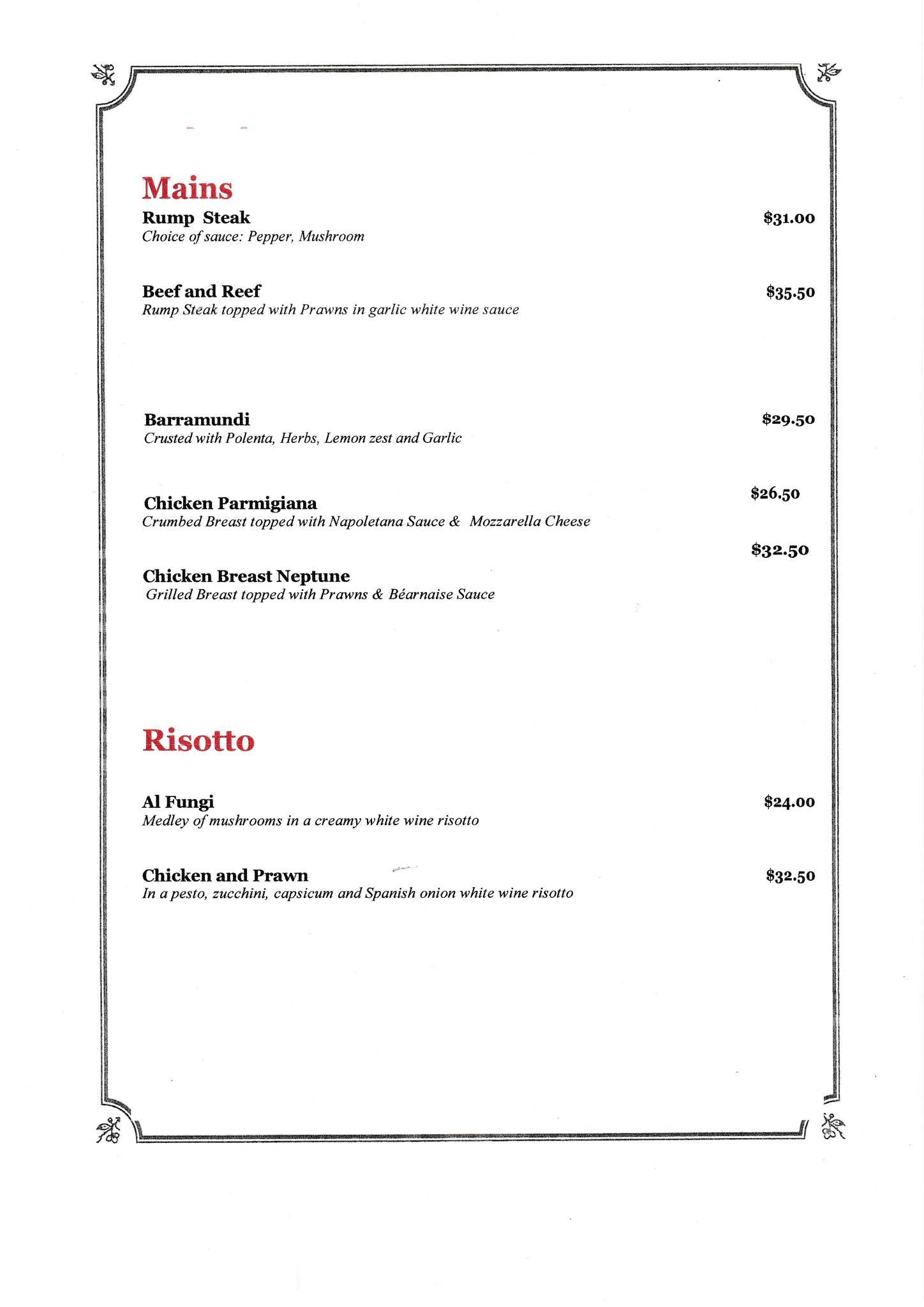 Menu at IL Colosseo pizzeria, Taree