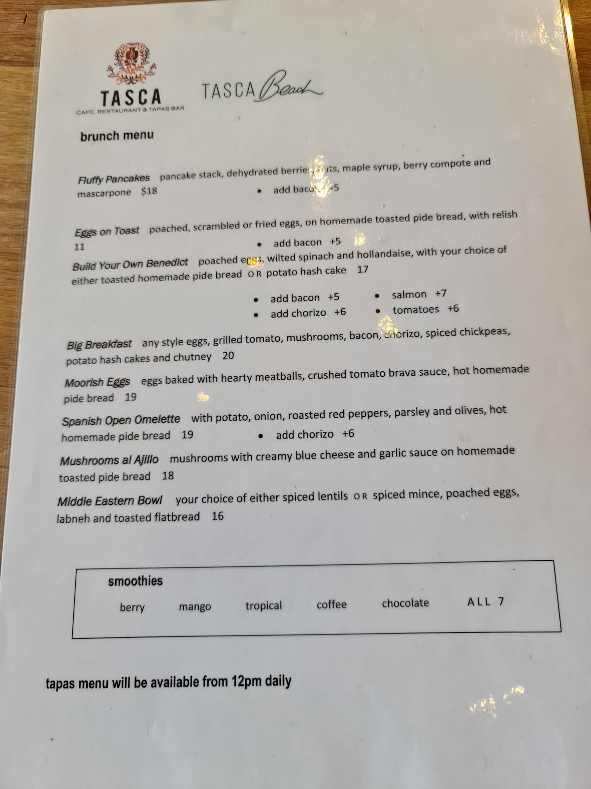Menu at Tasca Beach restaurant, Orewa, 316 Hibiscus Coast Hwy