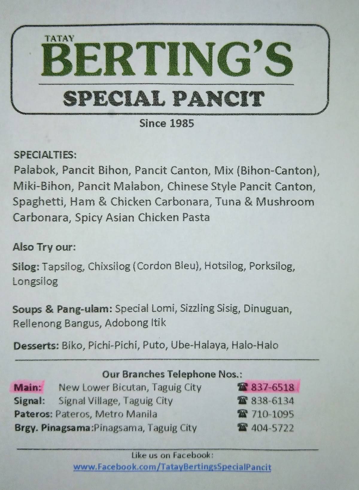 Menu at Tatay Berting's Special Pancit restaurant, Taguig