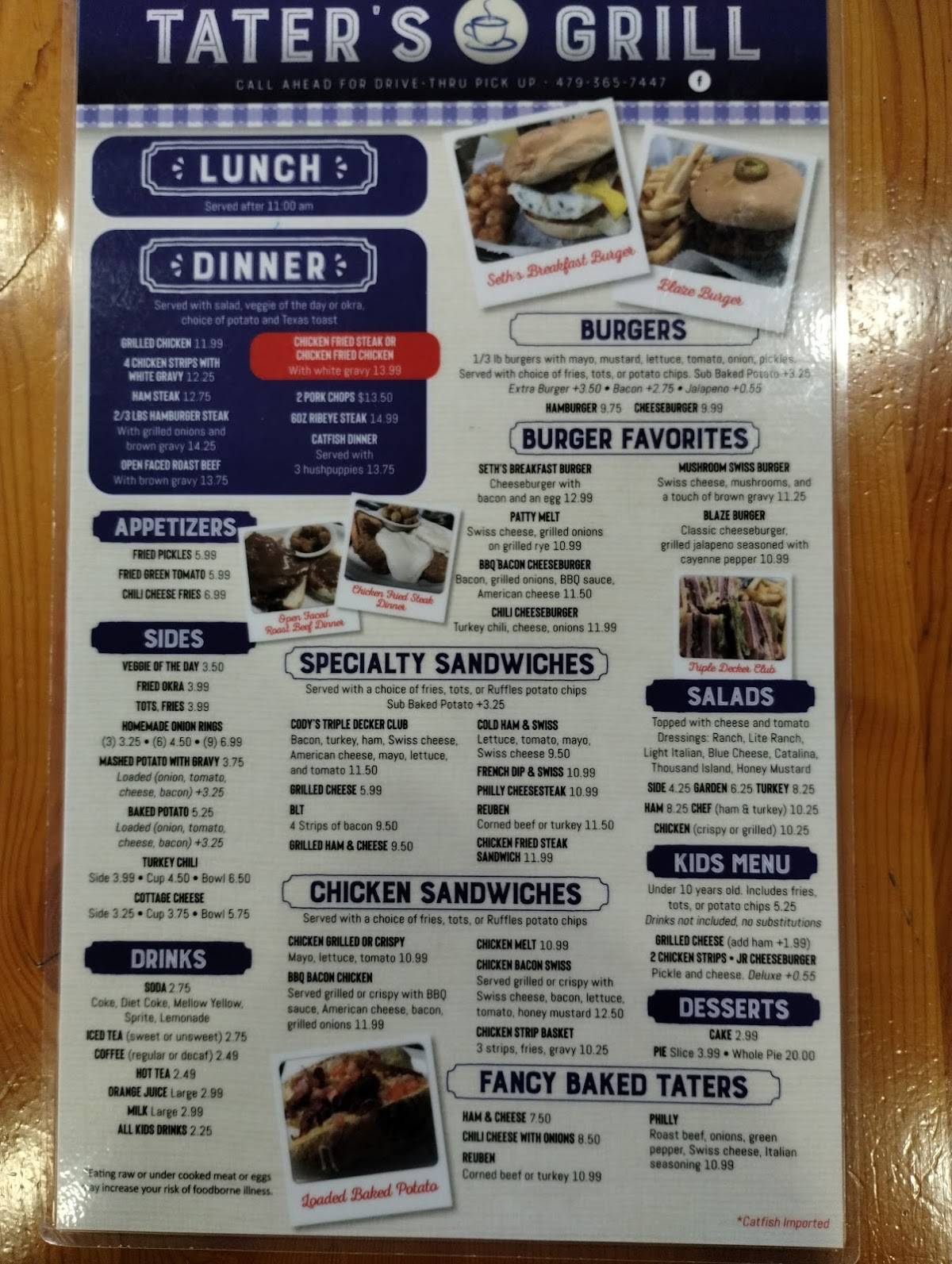 Menu at Tater's Fresh Grill restaurant, Lowell