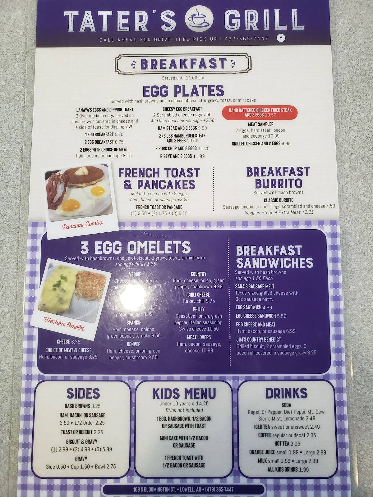 Menu at Tater's Fresh Grill restaurant, Lowell