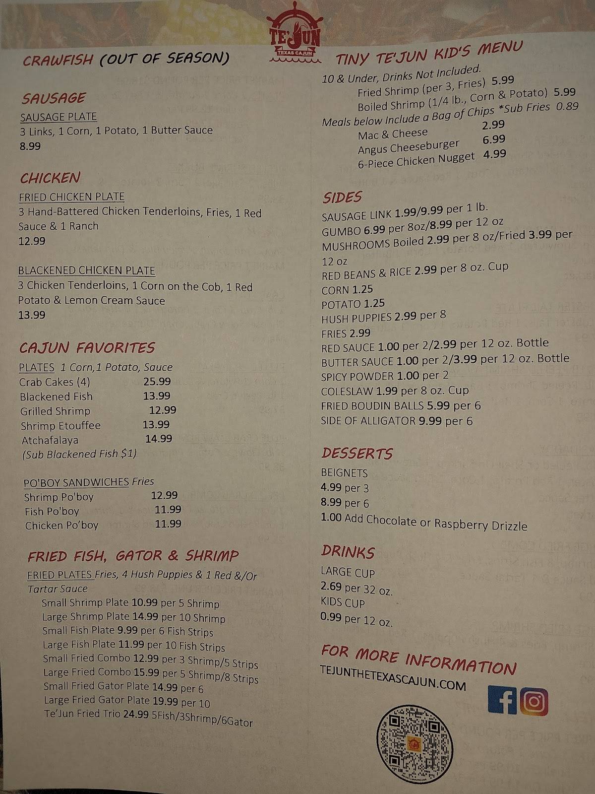 Menu at Tejun The Texas Cajun- Robinson restaurant, Robinson