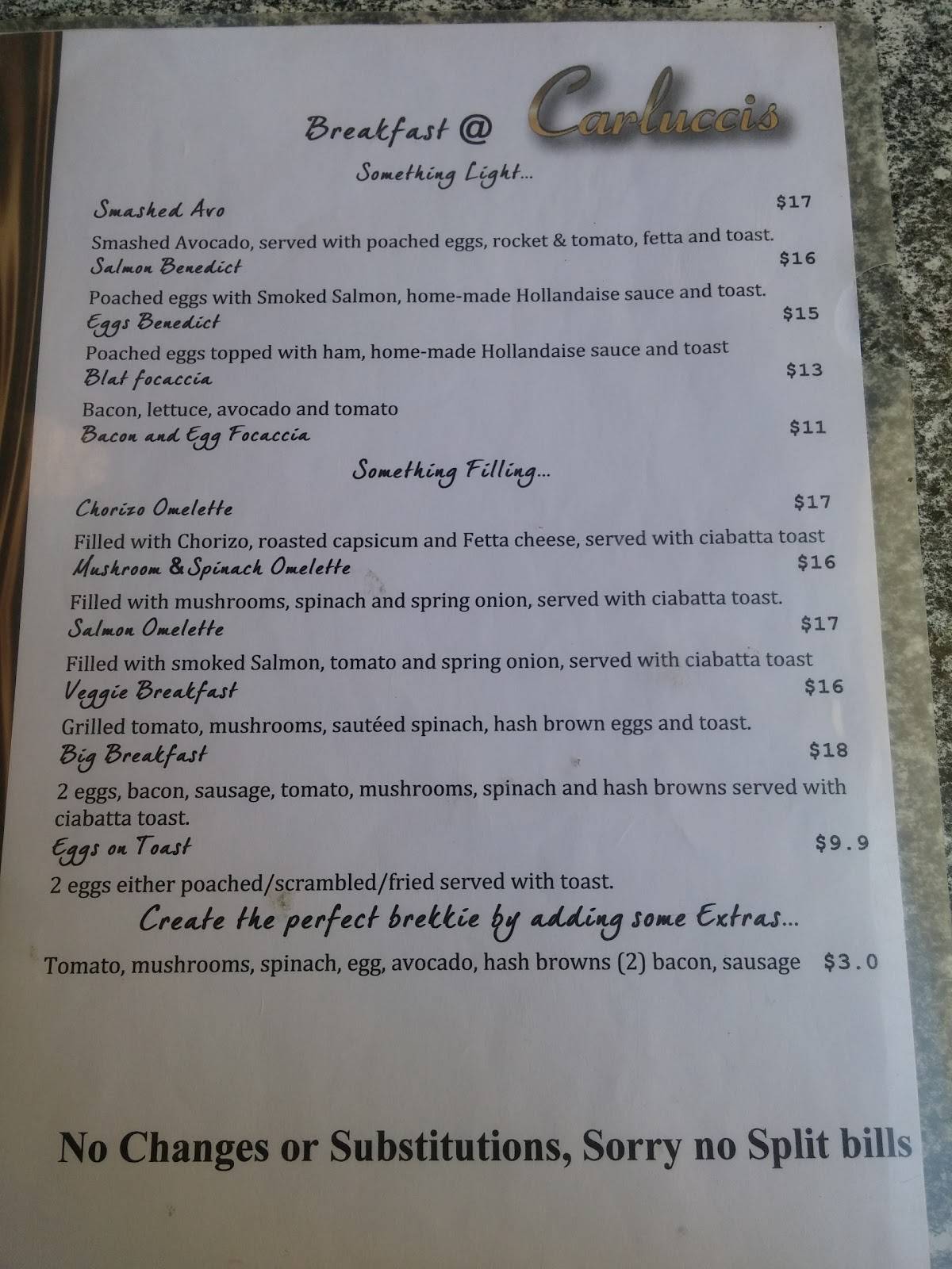 Menu at Carlucci's Restaurant, Templestowe, 134 James St