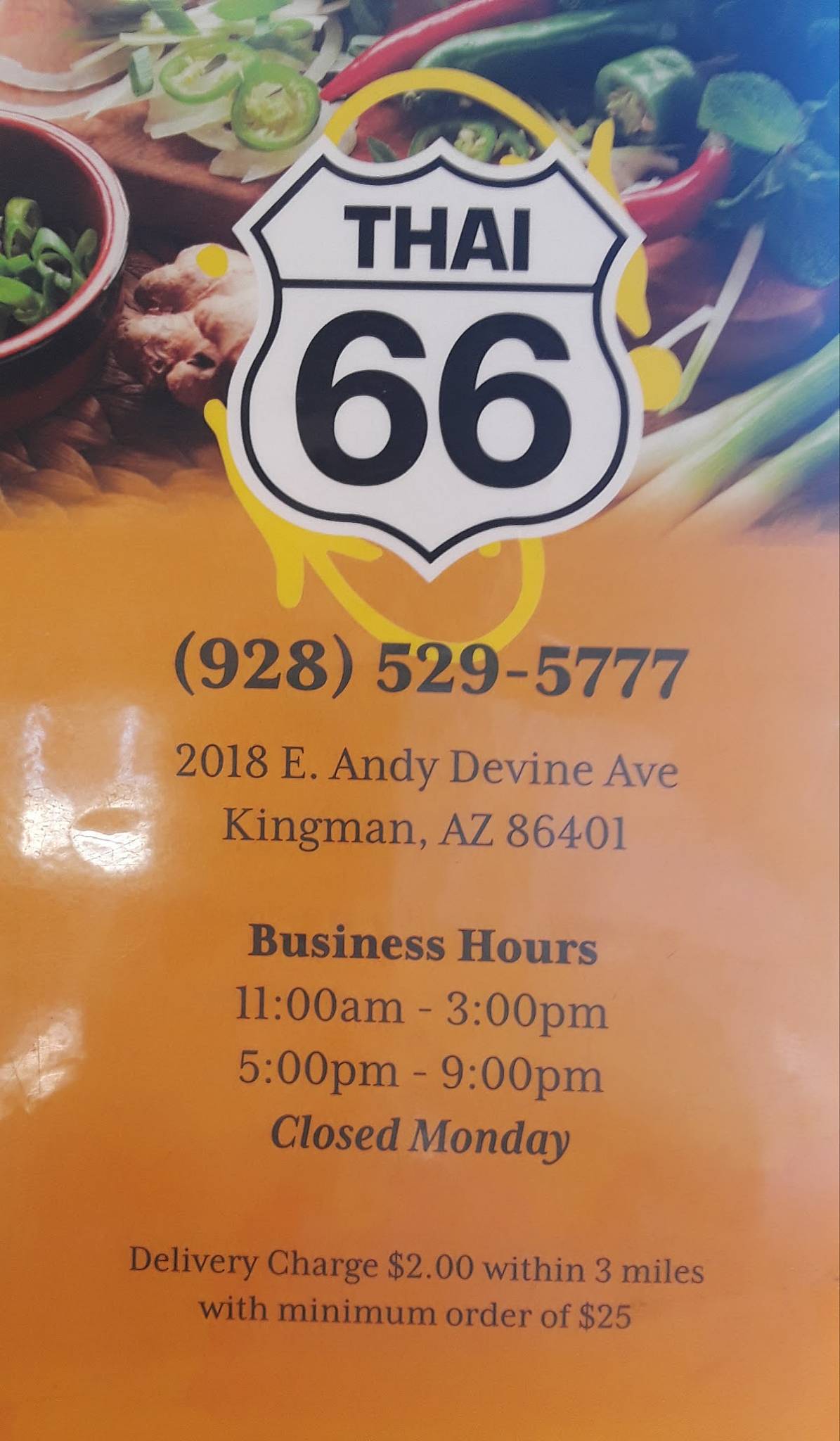 Menu at Thai 66 restaurant, Kingman