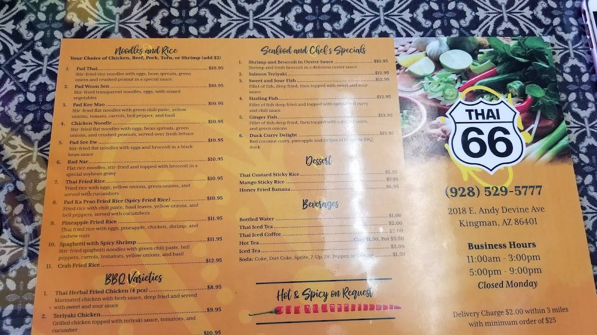 Menu at Thai 66 restaurant, Kingman