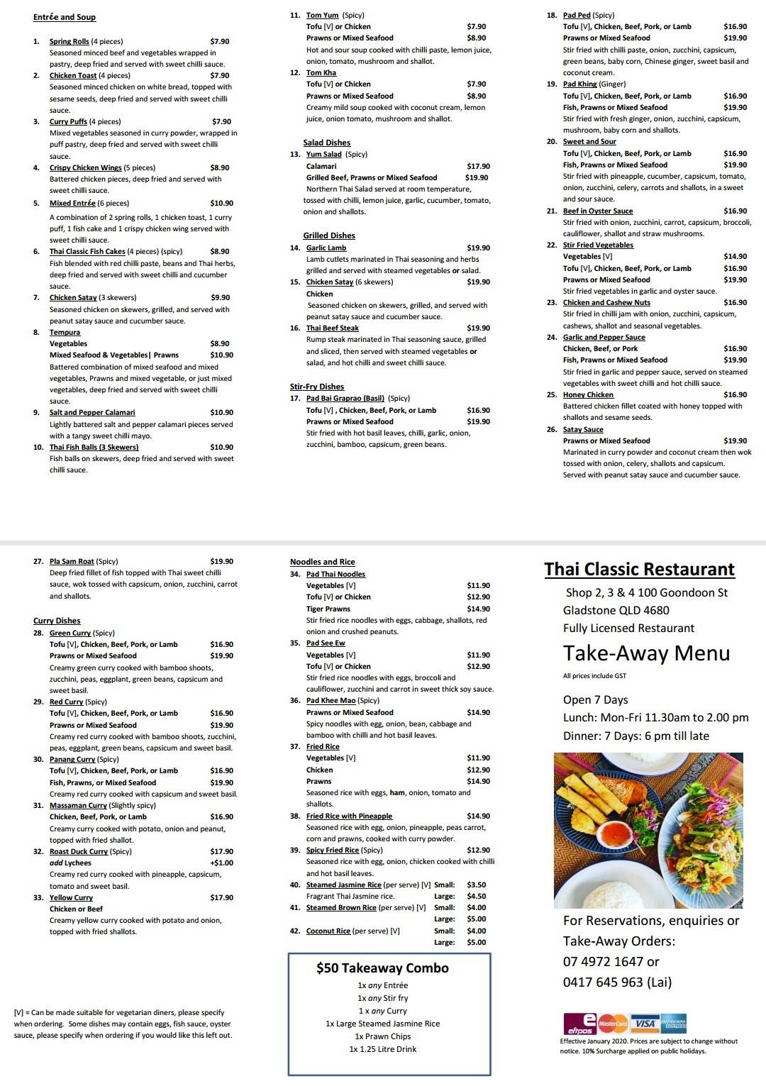 Menu at Thai Classic Restaurant, Gladstone Central