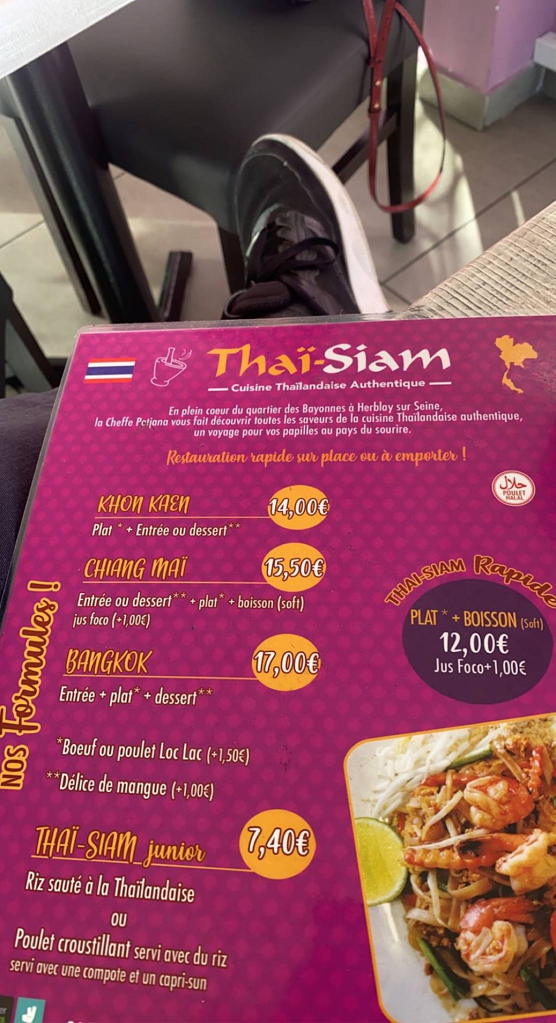 Menu at Thaï-Siam restaurant, Herblay