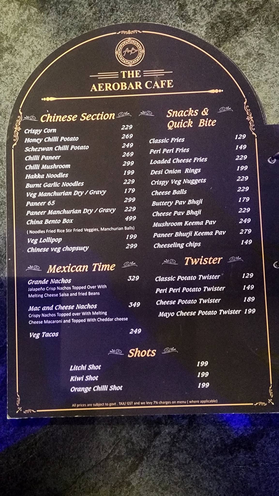 Menu at The Aerobar Cafe, Indore