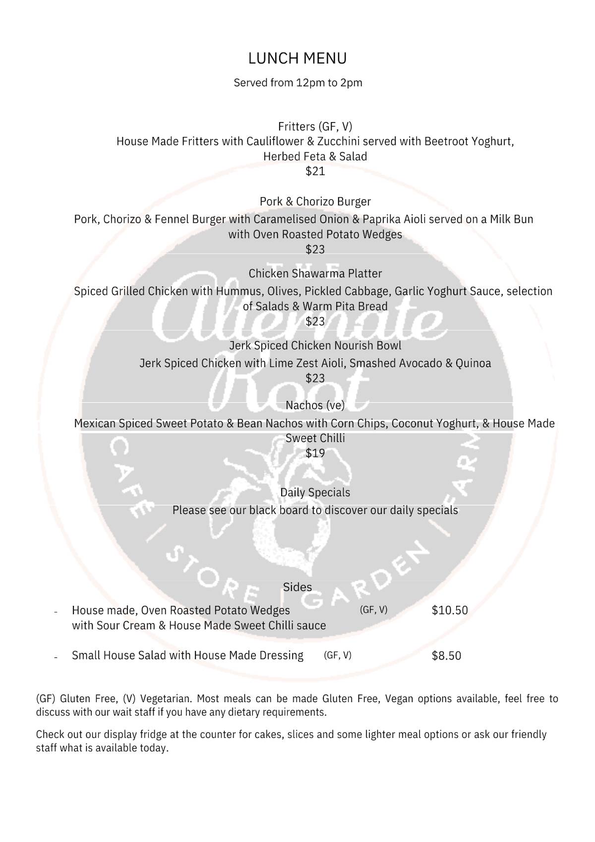 Menu at The Alternate Root cafe, Uralla