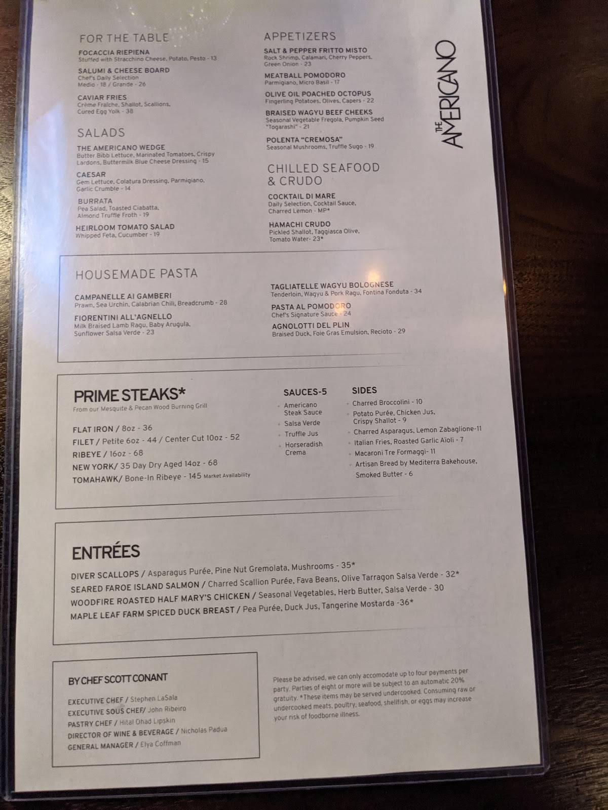 Menu at The Americano Restaurant, Scottsdale