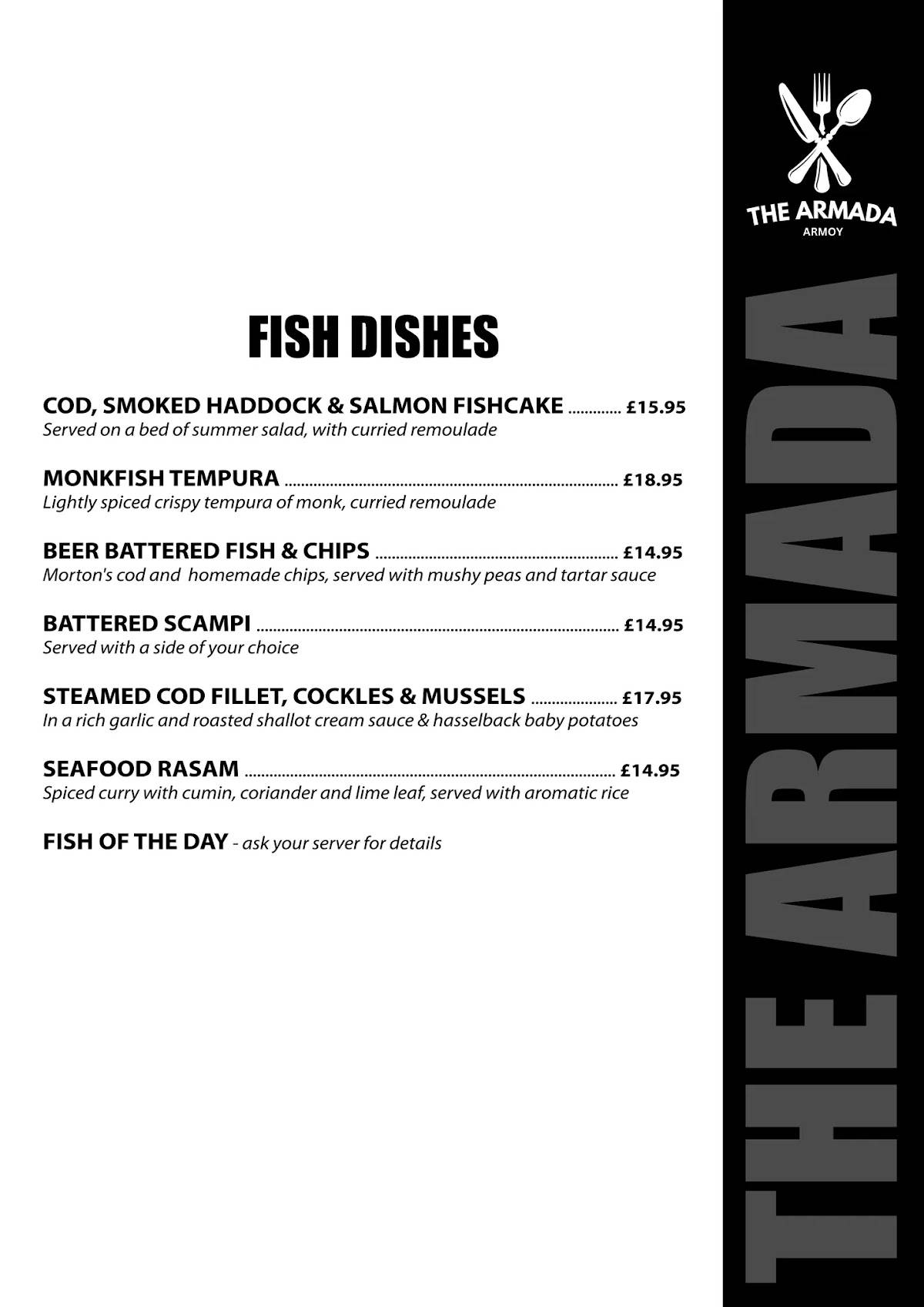 Menu at The Armada Inn restaurant, Armoy
