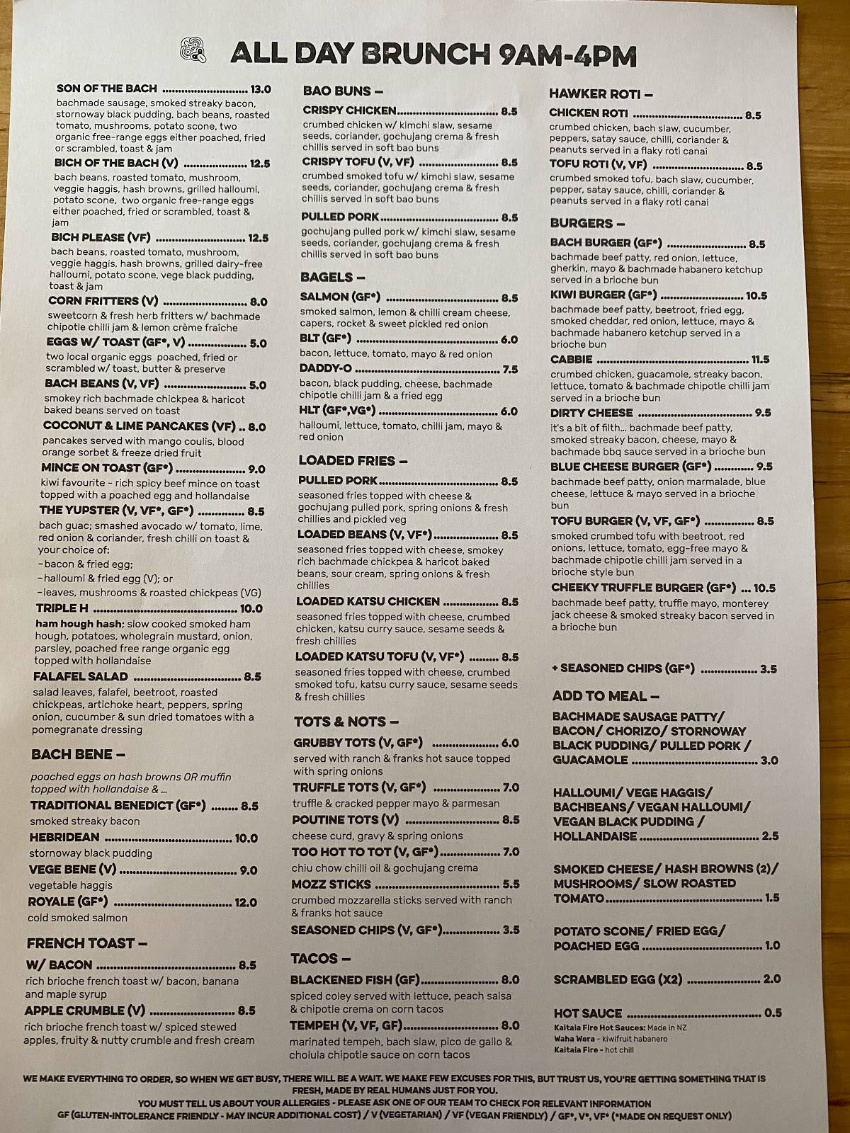 Menu at The Bach cafe, Dundee