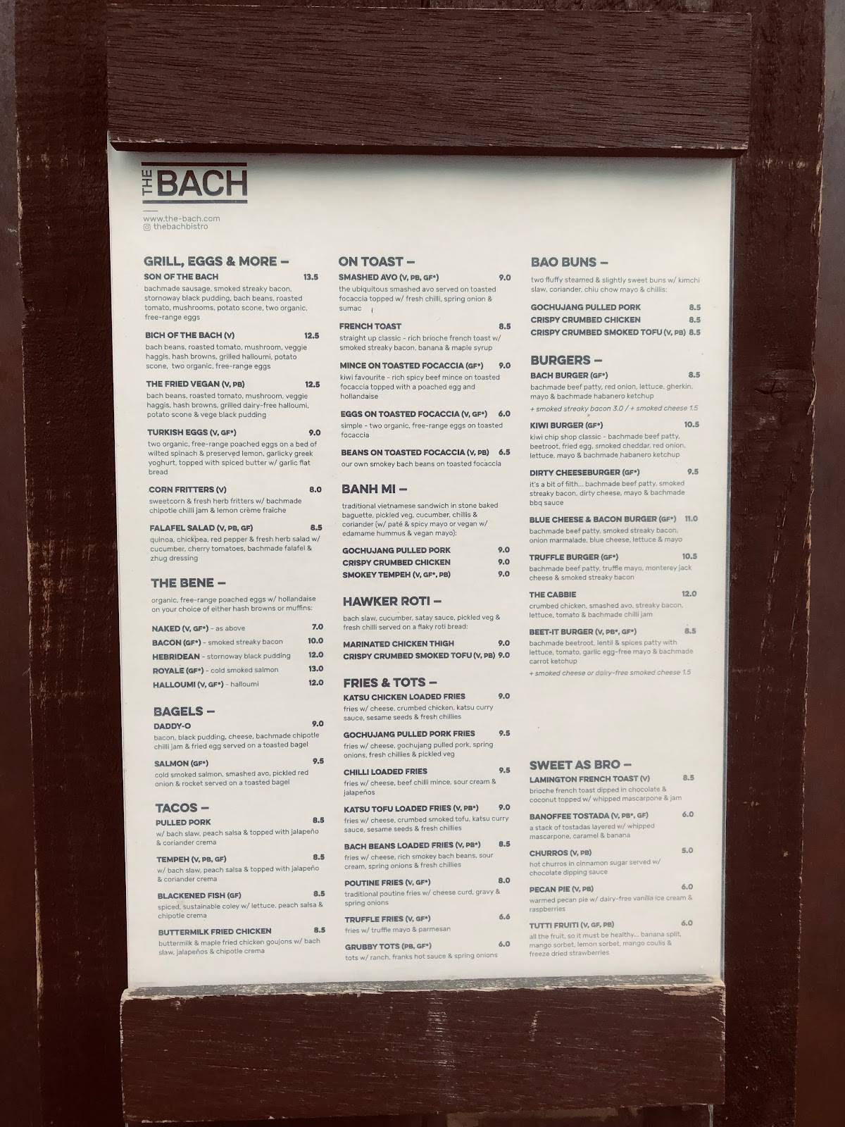 Menu at The Bach cafe, Dundee