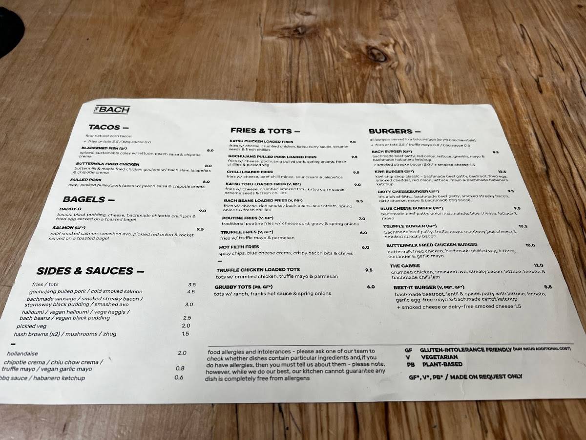 Menu at The Bach cafe, Dundee